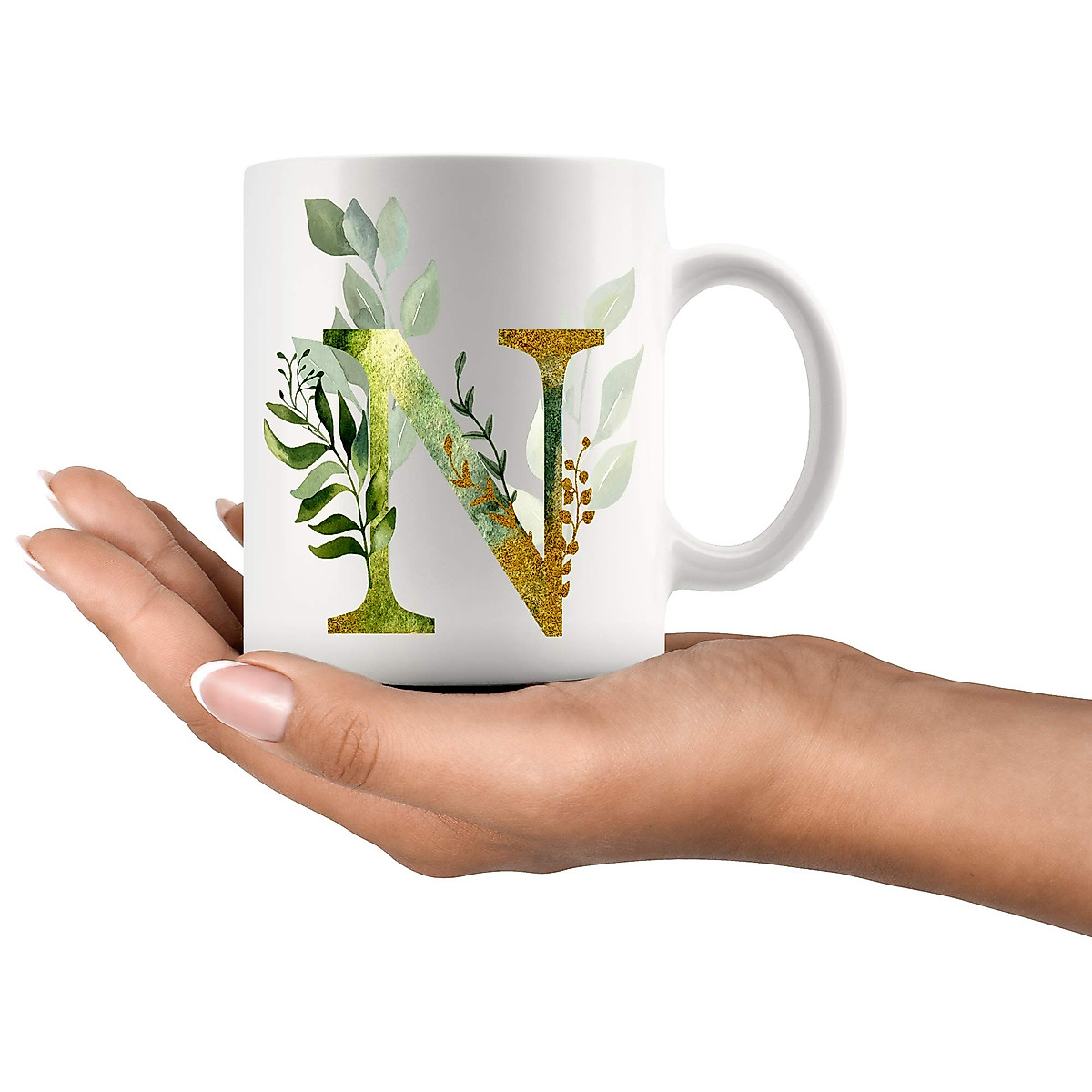 Alpha/N Graphic Letter N Coffee Mug - Alphabet Letter Monogram N - Gold Shimmer Any Letter Floral Alphabet Tea Coffee Hot Chocolate Cup For Her Birthday Christmas Mothers Day Coffee Mug 11oz