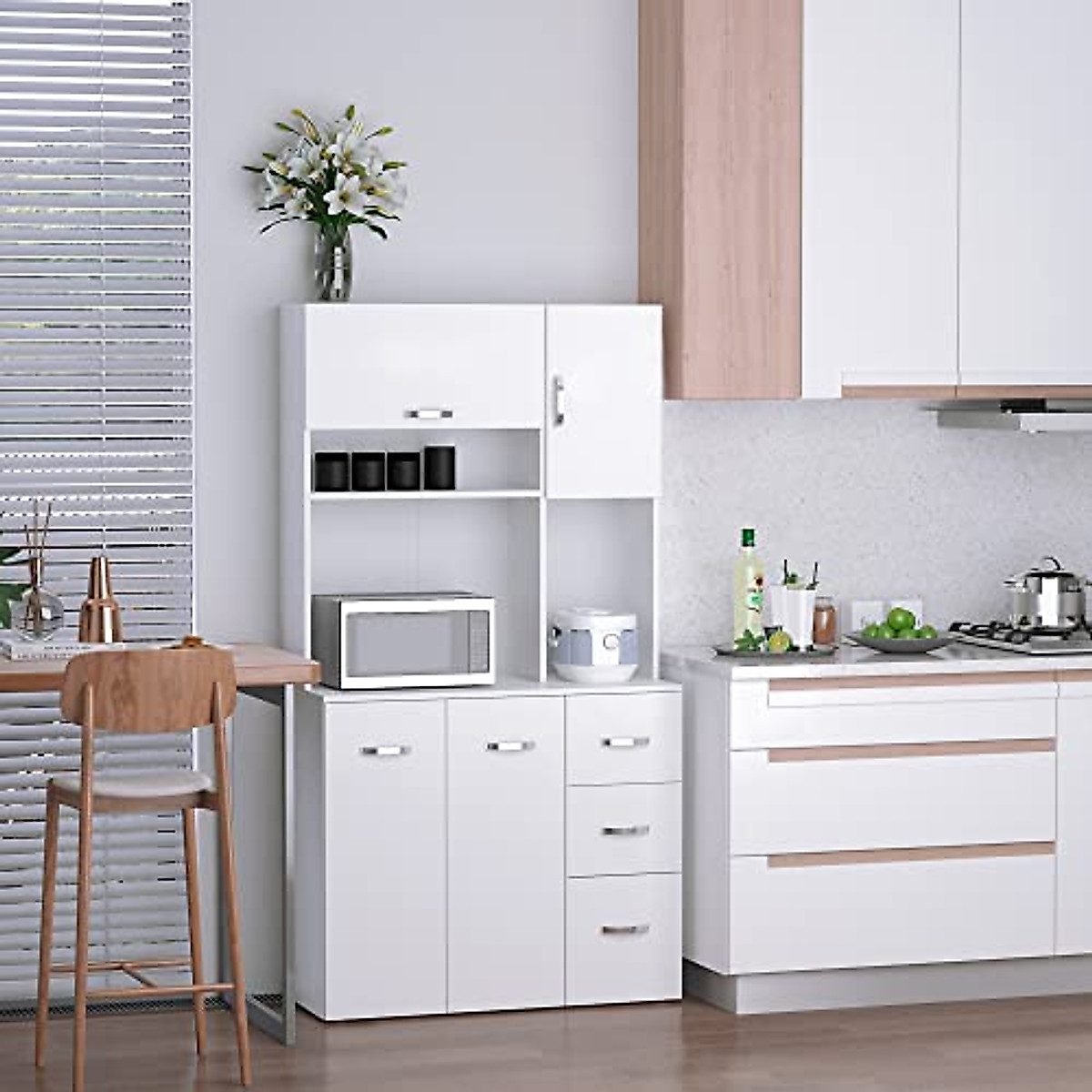 HOMCOM 66" Buffet with Hutch, Freestanding Kitchen Pantry with 2 Large Cabinets, 1 Pull Up Cabinet, 3 Drawers & Wide Countertop, White