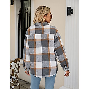 APAFES Women’s Warm Plaid Shirt Soft Sherpa Lined Shacket Casual Snap Fastener Truck Jacket with Pockets(643-GreyKhaki-M)