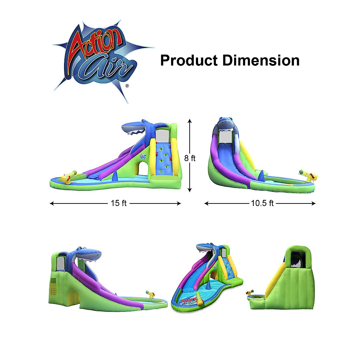 ACTION AIR Inflatable Water Slide, Shark Bounce House with Slide for Wet and Dry, Playground Sets for Kids Backyard, Water Spray & Water Pool, Durable Sewn with Extra Thick Material