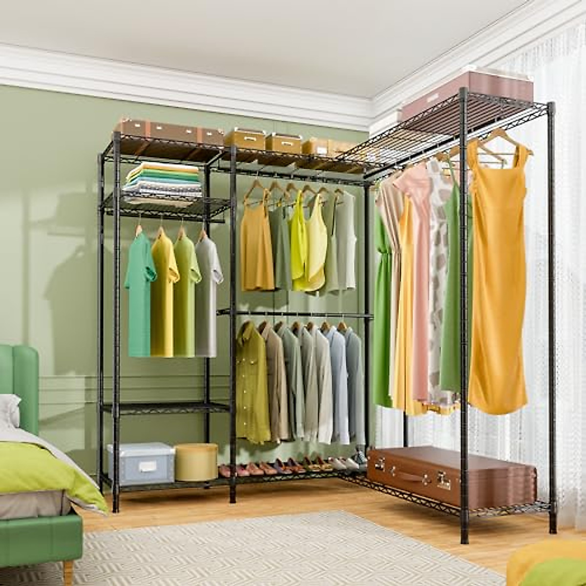 Ulif L2 Heavy Duty L-Shaped Garment Rack, 5-Tier Freestanding Clothes Rack with Shelves, Closet Organizer Storage System for Corner and Small Bedroom, 44"W x 43.3"L x 77.6"H, Max Load 802 LBS, Black