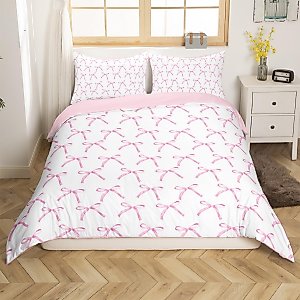 Cartoon Bowknot Kids Duvet Cover Set Twin Size,Pink Bow Tie Butterfly Knot Princess Bedding Set,Girls Women Room Decor,Watercolor Bow Patchwork Pink White Quilt Cover,1 Pillowcase(No Comforter)