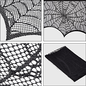 Pangda Halloween Cobweb Fireplace Scarf Mantle Scarf Spider Web Decorations Black Mantle Scarves Cover Lace Runner for Halloween Christmas Party Door Window Decoration, 18 x 96 inch