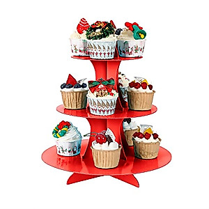 YLDW 3-Tier Cupcake Stand, Cake Stand Holder, Tiered DIY Cupcake Stand Tower for Dessert Table Displays, Birthday Theme Party Favors Decoration, Floral Tea Party, 12" W x 12.8" H, Red