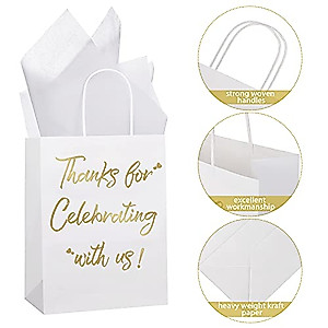 Cooraby 24 Pack White Kraft Paper Bags with Handles Thanks for Celebrating with Us Bags Party Favor Bags Medium Gift Bags Party Favor Bags with Tissue Papers for Birthday, Wedding, Baby Shower