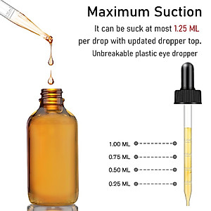 Bumobum 6 Pack, 4 oz Dark Amber Dropper Bottles with Measured Dropper, Glass Eye Dropper Bottle for Essential Oils with Funnel, Labels & Pipette, Droppers for Oils (Unbreakable Plastic Eye Dropper)