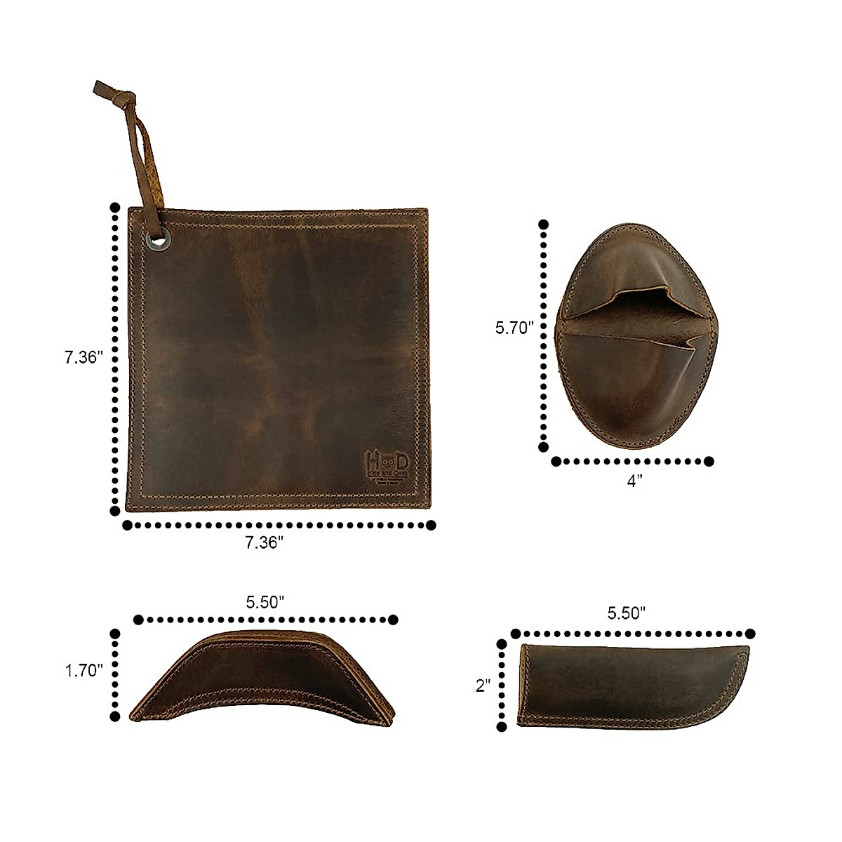 Hide & Drink, Set of 4 Hot Handle Holders, Panhandle, Side Kick, Grip Mitt & Square Pot Holder for Cast Iron Skillets & Pans, Full Grain Leather, Handmade, Bourbon Brown