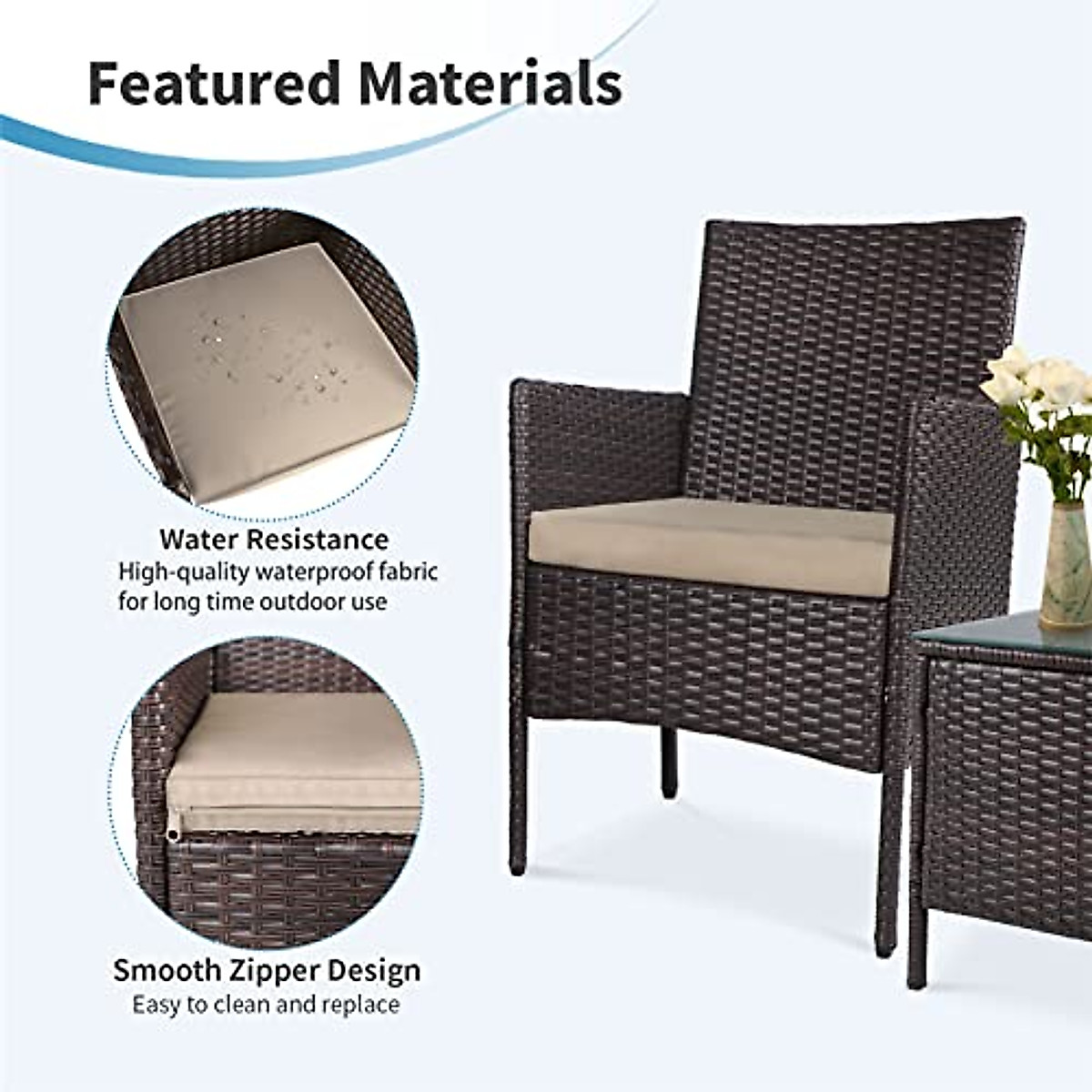 Patiomore 3 Pieces Outdoor Bistro Set Patio Furniture Set PE Brown Wicker Patio Chairs with Coffee Table for Front Porch, Balcony, Backyard (Brown Cushion)