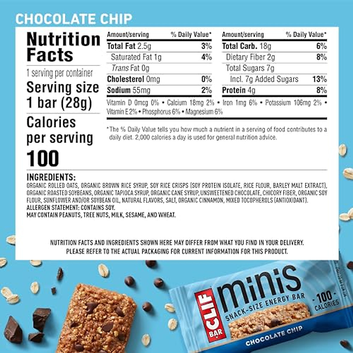 Clif Bar Minis - Chocolate Chip - Made with Organic Oats - 4g Protein - Non-GMO - Plant Based - Snack-Size Energy Bars - 0.99 oz. (20 Pack)