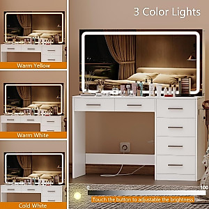 Keehusux 46.7" W Vanity Desk with Mirror and Lights, Makeup Vanity Table with Charging Station and Holder, Bedroom Dressing Table with 6 Drawers & Sliding Hidden Storage Shelves, White KES006WSZT