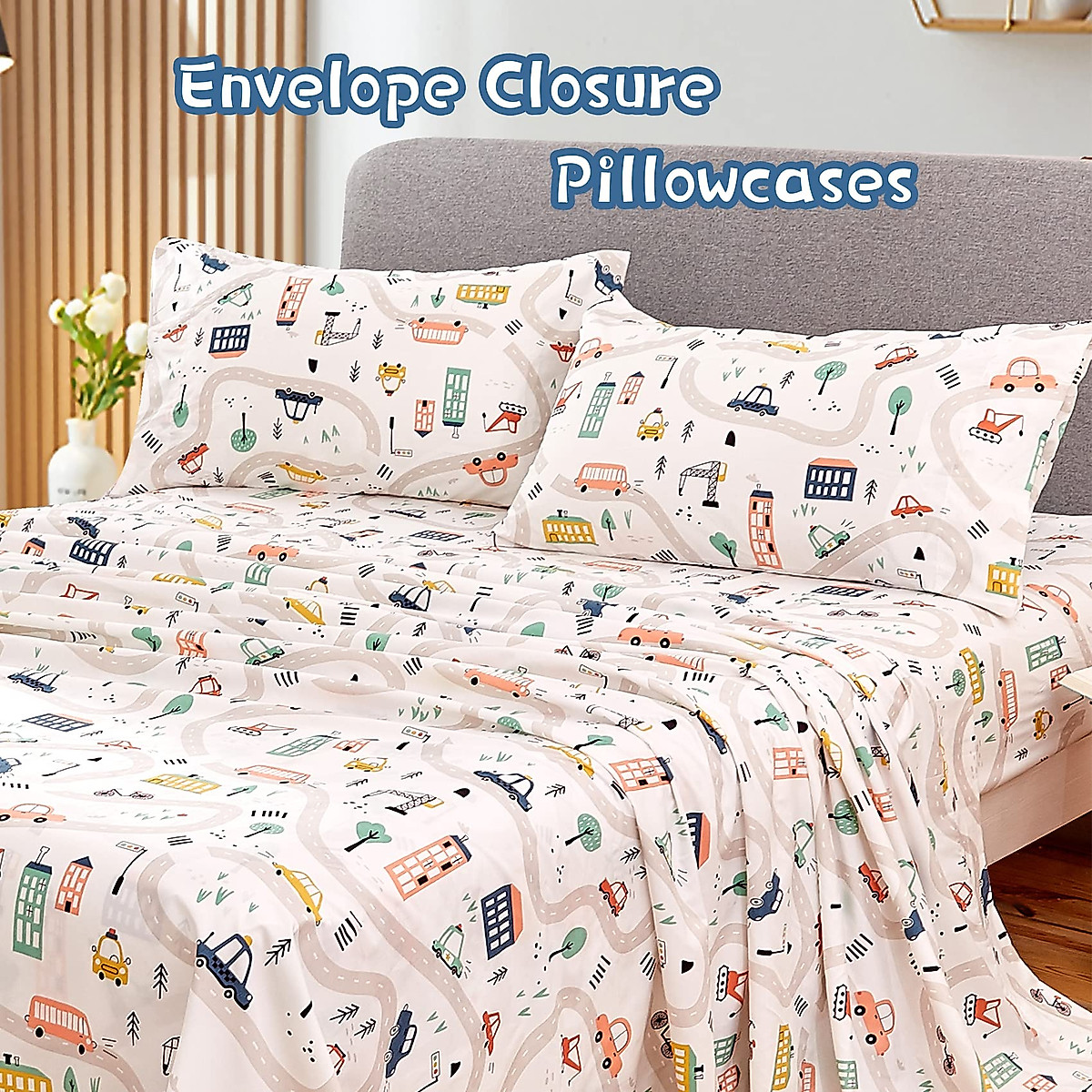 JSD Car Kids Printed Sheet Set Twin Size, 3 Piece Vehicles Microfiber Bed Sheets Deep Pocket