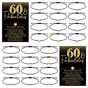 25 Set Birthday Party Gift Favors for Guests Adjustable Wish Bracelets Thank You Fabulous Cards Birthday Bracelets with Heart Star Charm Bags for Birthday Anniversary Guest Souvenirs(60th Birthday)