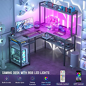 Unikito L Shaped Gaming Desk with LED Strip and Power Outlets, Reversible L-Shaped Computer Desk with Storage Shelves, Corner Desk with Hutch, 2 Person Home Office Desk, Black Oak