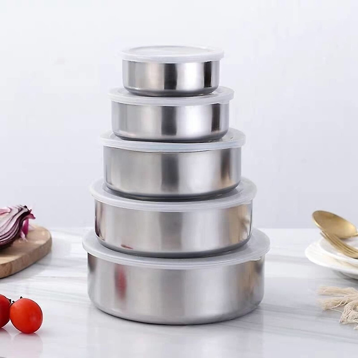 ALOEU Stainless Steel Food Storage Lunch Box Bowls with Lids - Modern, Stackable, Dishwasher Safe - 5 Pack (10cm, 12cm, 14cm, 16cm, 18cm) - FOOD STORAGE CONTAINER