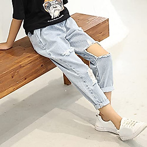 QIBABU Kid Big Girl's Baggy Ripped Jeans Elastic Waist Washed Denim Pants for 8-14 Years(0865-Blue-14Y-QB)