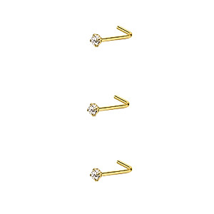 FANSING 3pcs 22g 1.5mm Clear CZ Nose Rings 22 Gauge Nose Studs L Shape Nose Rings Studs for Women Gold Plated Surgical Steel Nostril Piercing Jewelry