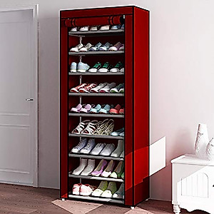 samanoya 10 Tiers Shoe Rack,Large Shoe Storage Organizer Cabinet Tower with Dustproof Cover,Space Saving Non-woven Fabric Stackable Storage Shelf Shoe Rack (Red)