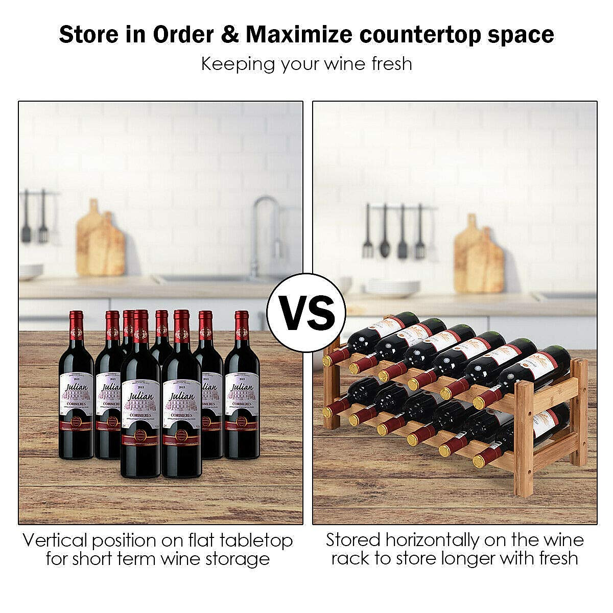 COSTWAY Wine Rack, Bamboo 12 Bottles 2-Tier Wine Display Rack for Countertop Home Kitchen Pantry, Free Standing Wine Storage, Rack Tabletop Wine Rack (Nature)