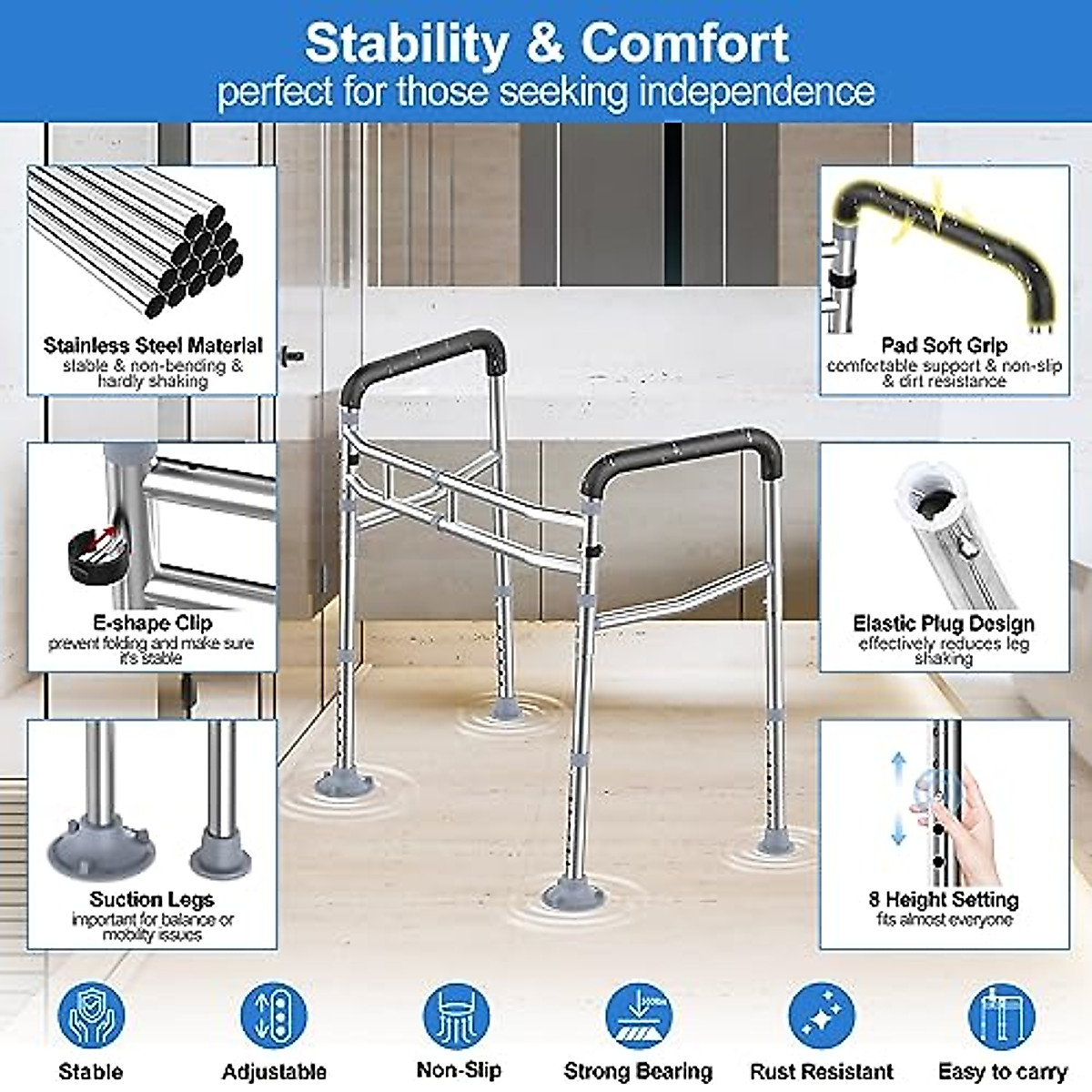 UGarden Stainless Steel Toilet Safety Rail, 350lbs Safety Frame for Toilet, Adjustable & Detachable Stand Alone Toilet Safety Rails, Toilet Frame for Elderly Adults - Fits Most Toilets