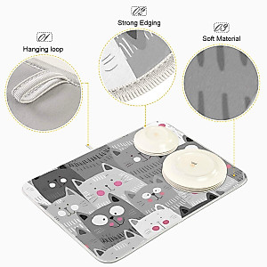 Moudou Cat Dish Drying Mat Absorbent Heat Resistant Reversible Dish Mat for Kitchen Countertops Sinks, 16 x 18 Inch