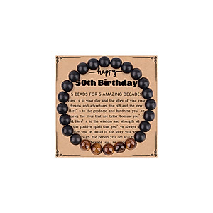 Caiyao 21st/30th/40th/50th/60th/60th/70th Birthday Gift for Women Men Elastic Rope Black Onyx Tiger Eye Natural Stone Beaded Bracelet with Wish Card Protection Good Luck Jewelry-E 50th