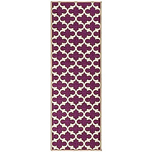 Machine Washable Moroccan Trellis Design Non-Slip Rubberback 2x5 Traditional Indoor Runner Rug for Hallway, Kitchen, Bedroom, Entryway, 20" x 59", Purple