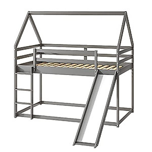 Harper & Bright Designs House Bunk Bed with Convertible Slide and Ladder, Twin Over Twin Bunk Bed with Roof and Security Guardrails, Floor Bunk Bed for Kids (Gray)