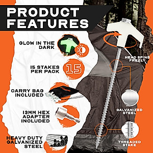 15 Pack 8" Heavy Duty Threaded Tent Stakes - Drill in Style Ground Anchor Screw in Pegs - Replace Bulky Canopy Weights - Comes with Hex Head Driver and Convenient Storage Bag Included