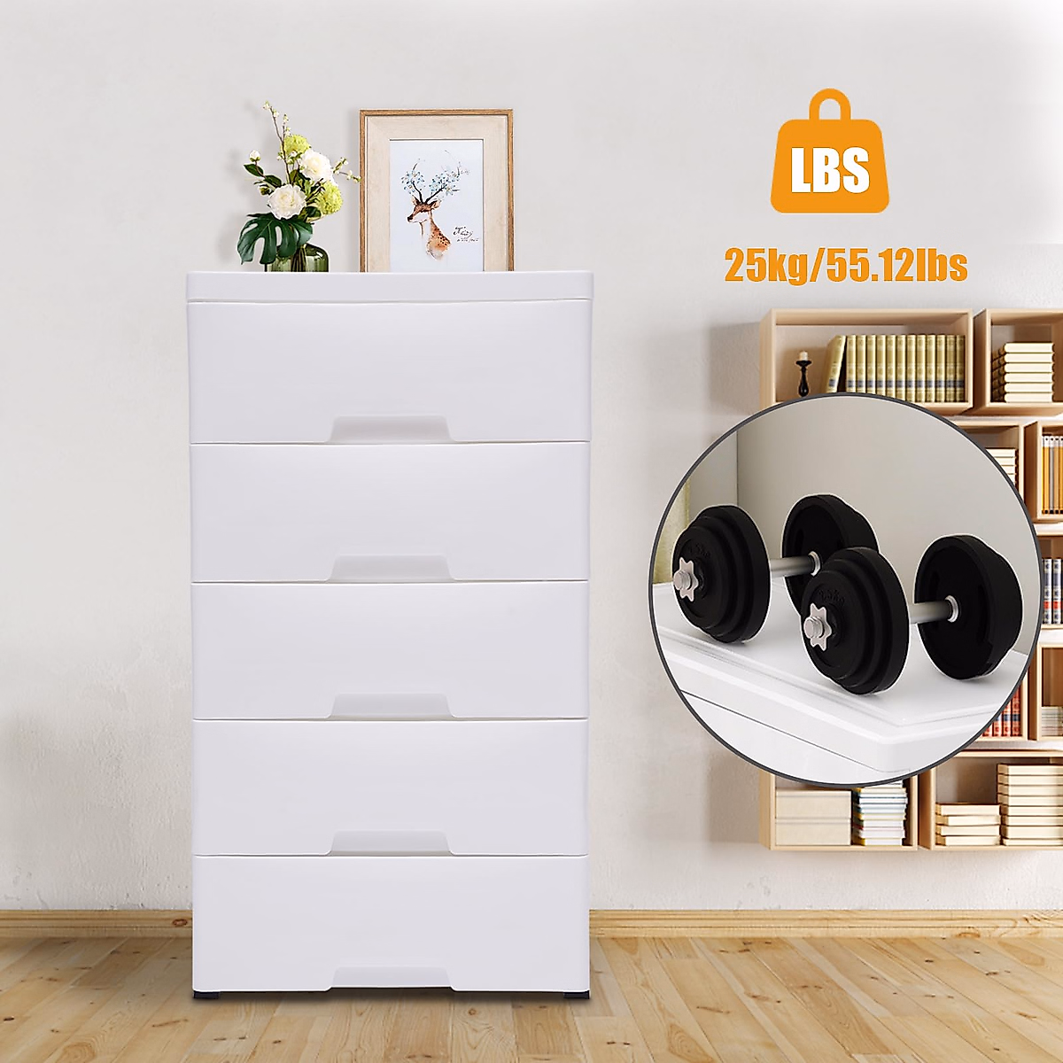 5 Drawer Storage Cabinet with Wheels,Plastic Drawers Dresser,5 Tier Storage Cabinet for Living Room,Bedroom,Kitchen,White