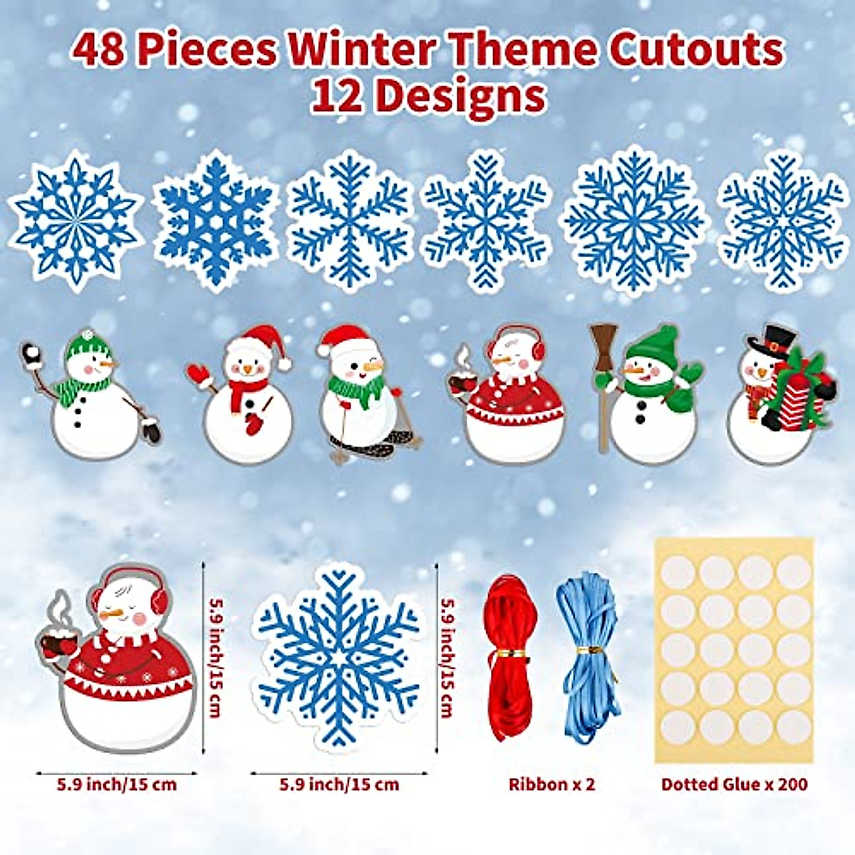 ADXCO 48 Pieces Winter Theme Cutouts Snowmen Snowflake Cutouts 200 Pieces Adhesive Dots for Classroom Decoration Winter Theme Party