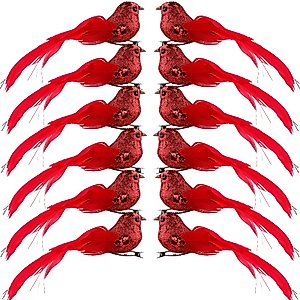 WDDH 12Pcs Artificial Christmas Cardinal Birds, 6inch Glitter Mini Foam Red Christmas Birds with Long Tail Feather, Clip-on Christmas Tree Ornament Small Bird Figurine for Home Garden Wedding Decor