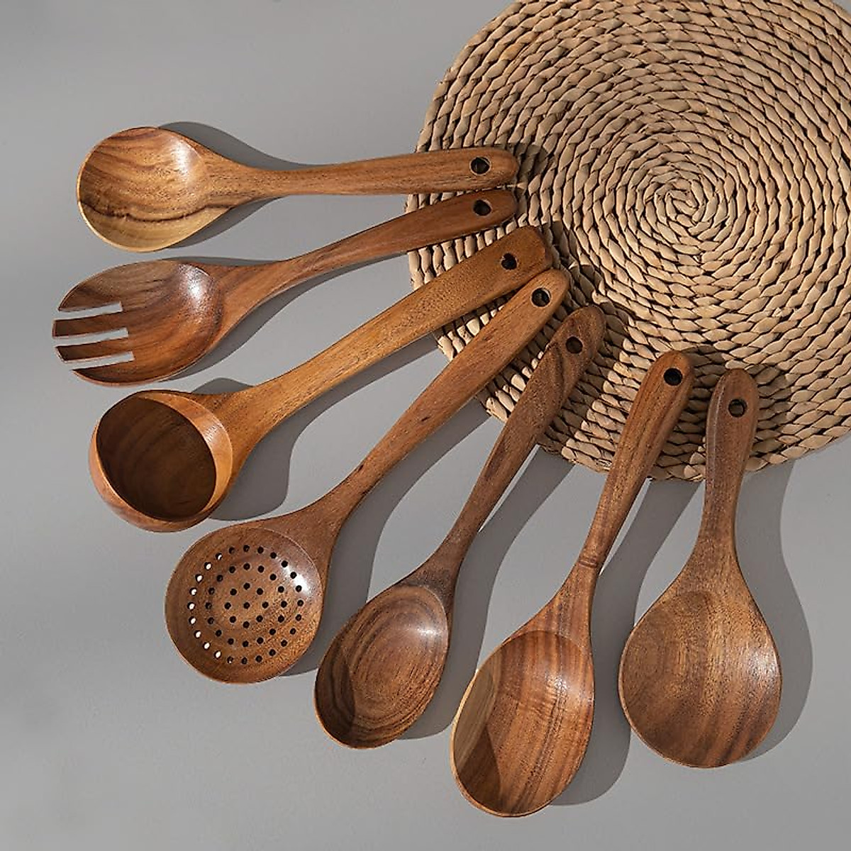 YOVAIN High-end Kitchenware Set, Natural acacia Wood Kitchenware Set Spatula, Colander, salad spoon, soup spoon, salad fork, three-wire spatula, large wooden spatula. Paint free household kitchenware