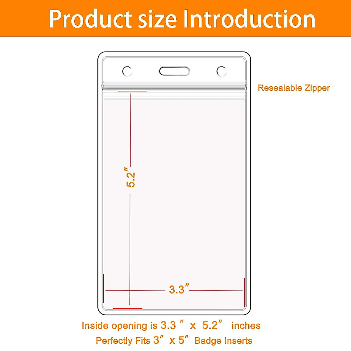 WINURE 10 Pack Vinyl ID Badge Holders (Fit 3x5 inch Inserts), Waterproof, Clear Plastic, Premium Quality, Heavy-Duty, Vertical Hanging Card Holder with Zipper, Durable Nametag Holders