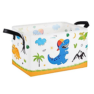 WERNNSAI Dinosaur Storage Basket – Foldable Storage Bin for Boys Waterproof PE Coating Canvas Fabric Laundry Basket Toy Bins with Handles Organizer Box for Clothes Books Bedroom House Nursery