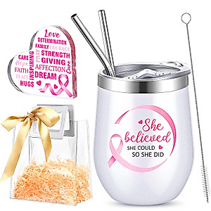 7 Pcs Breast Cancer Gift for Women Pink Ribbon Survivor Present 12 oz Breast Cancer Awareness Tumbler Coffee Mug with Lid Brush Straws Keepsake Raffia Grass Gift Bag Inspirational Gifts for Patients