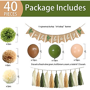 40 Pack Olive Green Wild One Safari Woodland Jungle Baby Shower Decorations - Oh Baby Banner Balloons Tassel Garland Pom Poms Forest Nature Earth Tone Boy Girl Birthday Nursery Décor