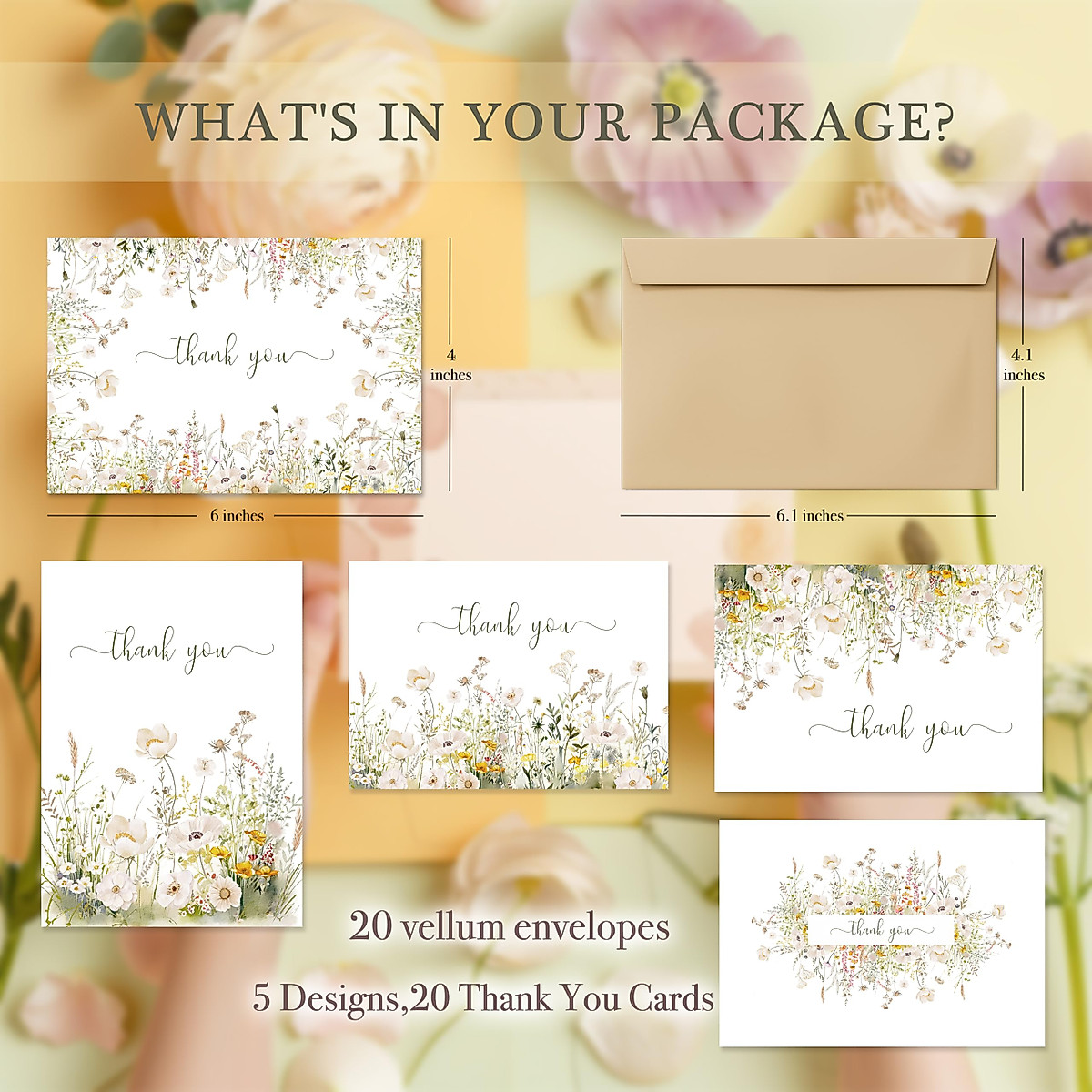 Floral Thank You Cards With Envelopes,20Pack - 4x6 Thank You Cards Set,Perfect Thank You Cards Bulk For All Occasions,incl. Baby Shower, Wedding, Birthday Party, Greeting (Olive green wildflowers)