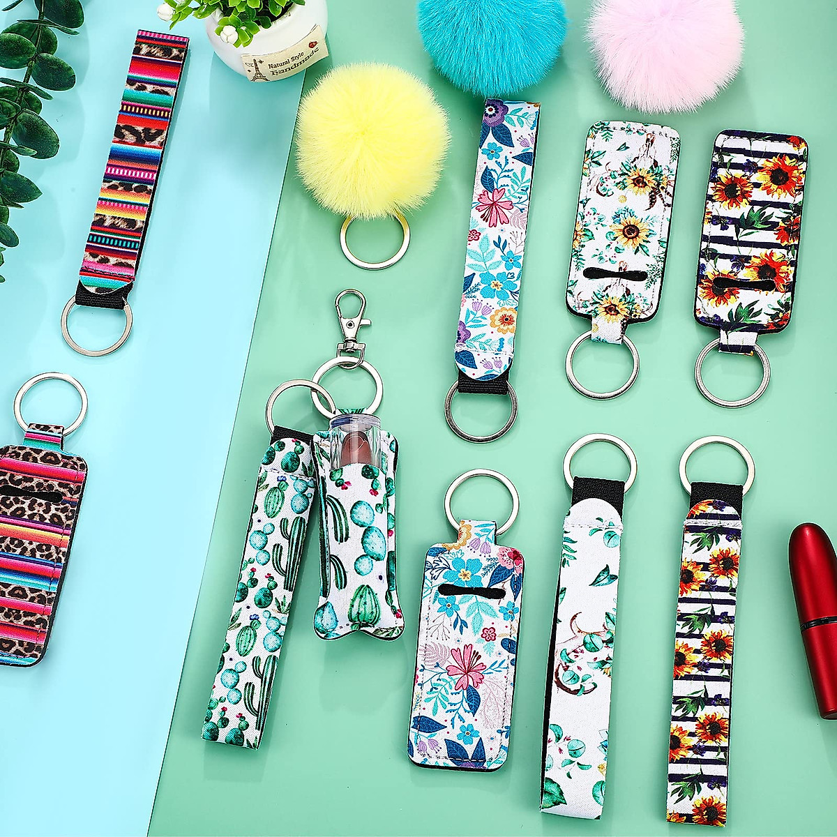 Junkin 40 Pcs Lipstick Holder Keychain Clip on Lipstick Pouch Fluffy Ball Keychain with Keyring (Multiple Style)