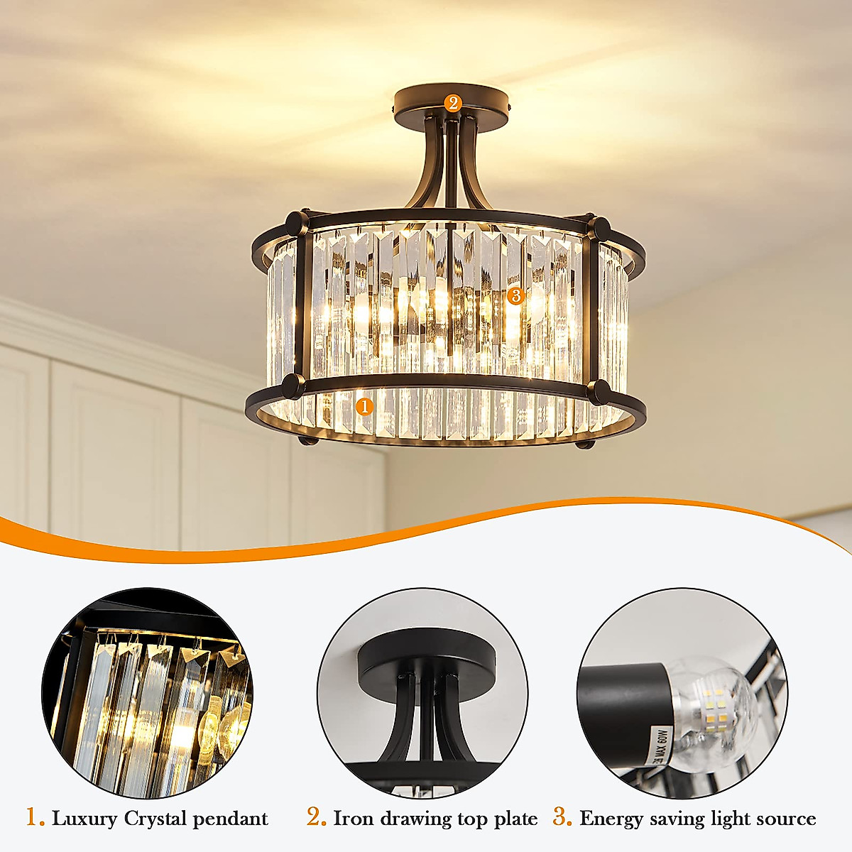 YYJLX 6-Light Black Semi Flush Mount Crystal Chandelier Metal Modern Ceiling Light Fixture Lighting for Living Room Dining Room Kitchen Bedroom Foyer Hallway