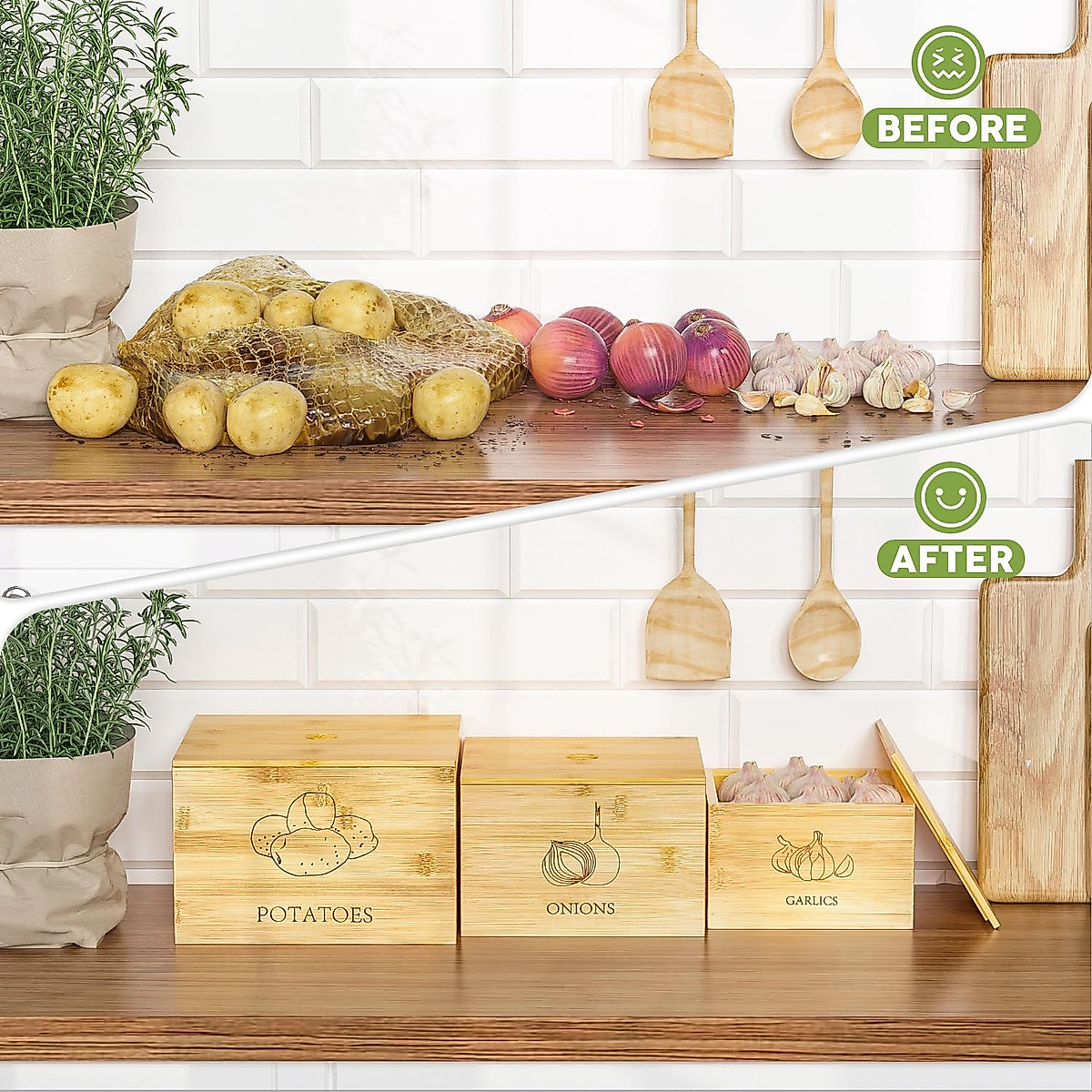 DALSHABET Potato and Onion Storage Bins, Premium Pantry Organizers and Storage, Bamboo Vegetable Garlic Keeper Solutions for an Organized Kitchen Beige