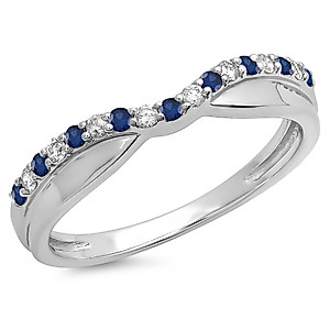 Dazzlingrock Collection Round Blue Sapphire & White Diamond Anniversary Wedding Contour Guard Band in 14K White Gold, Size 7