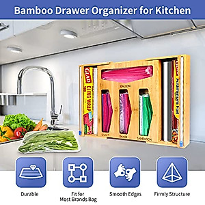Ziplock Bag Storage Organizer Bamboo - Expandable Foil and Plastic Wrap Dispenser Organizer with Cutter, Plastic Bag Baggie Organizer for Drawer Kitchen, Suitable Gallon, Quart, Sandwich, Snack Bag, and 12.5" Aluminum Foil & Wax Paper (Large)