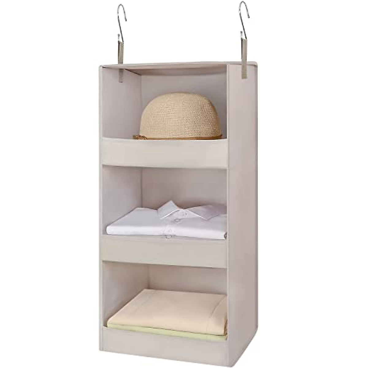 TOPIA HOME 3-Shelf Hanging Closet Organizer, Upgraded Thickened Fabric Hanging Closet Shelves, Collapsible Closet Organizers and Storage Organization, 12.2" W X 12.2" D X 31.0" H, Beige/Gray, 1 Pack