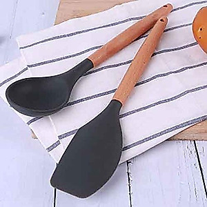 LMMDP Beech Silicone Kitchen Tools Set Cooking Tools Utensils Set Spatula Shovel Soup Spoon with Wooden Handle Special Heat-resistant Design