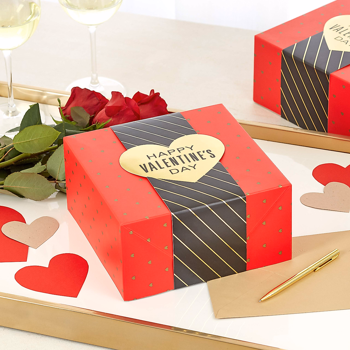 Hallmark 8" Medium Valentine's Day Gift Boxes (Pack of 2: Red with Black and Gold Wrap Band) for Jewelry, Wrapped Candy, Small Toys, Gift Cards