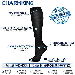 CHARMKING Compression Socks for Women & Men (8 Pairs) 15-20 mmHg Graduated Copper Support Socks are Best for Pregnant, Nurses - Boost Performance, Circulation, Knee High & Wide Calf (S/M, Black)