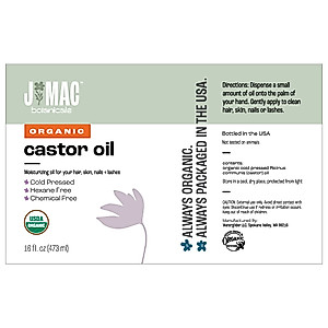 J MAC BOTANICALS, Organic Castor Oil Cold Pressed (Glass Bottle, 16 oz) pure unrefined, hexane free for face, skin, eyelashes, pack wraps, pads