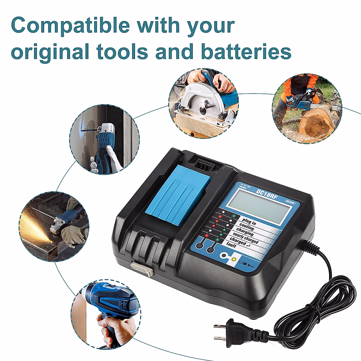 DC18RF Charger Compatible with Makita 14.4V/18V Lithium-ion Battery,3.5A with USB Interface Charging for BL1815 BL1820 BL1830 BL1840B BL1850 BL1860 BL1450 Replacement Charger for DC18RC