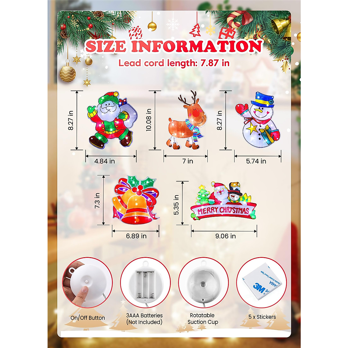 Minetom 5pcs Christmas Window Lights Decorations, Battery Operated with Suction Cup Hook Light Up Santa Claus-Reindeer-Xmas-Snowman Shaped for Christmas Window Decorations Glass Wall Indoor Decor