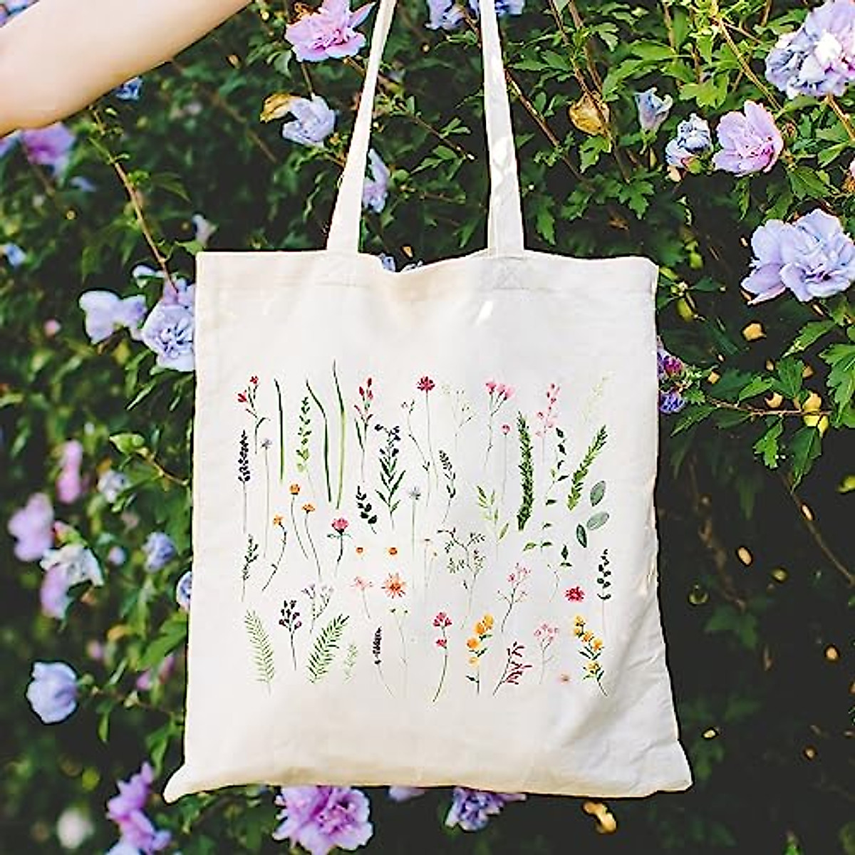 Haukea Flowers Canvas Tote Bag Aesthetic for Women Cute Wildflower Botanical Tote Bags with Pockets Reusable Book Tote Shopping Bags
